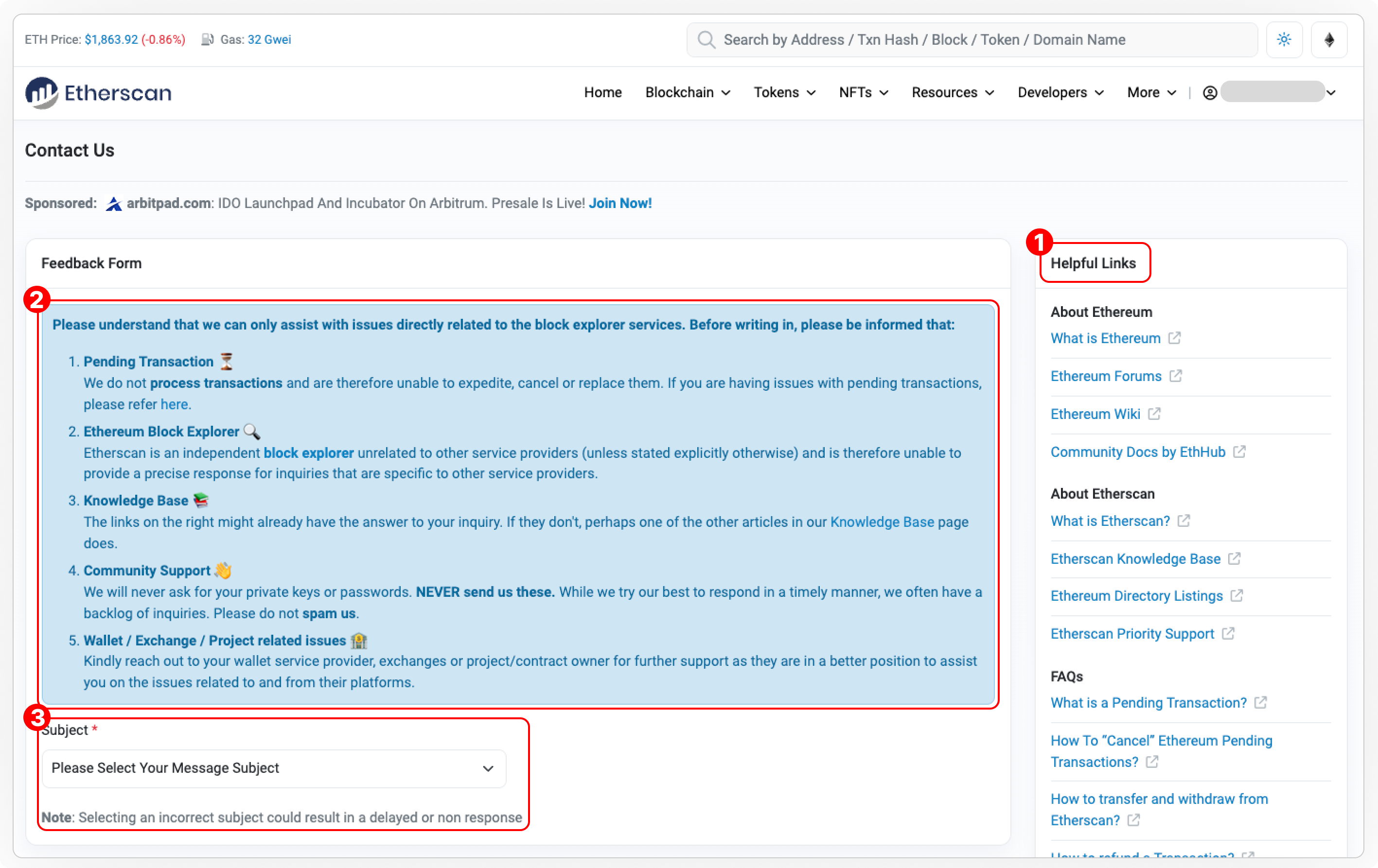 Etherscan Information Center | Exploring the Contact Us Page